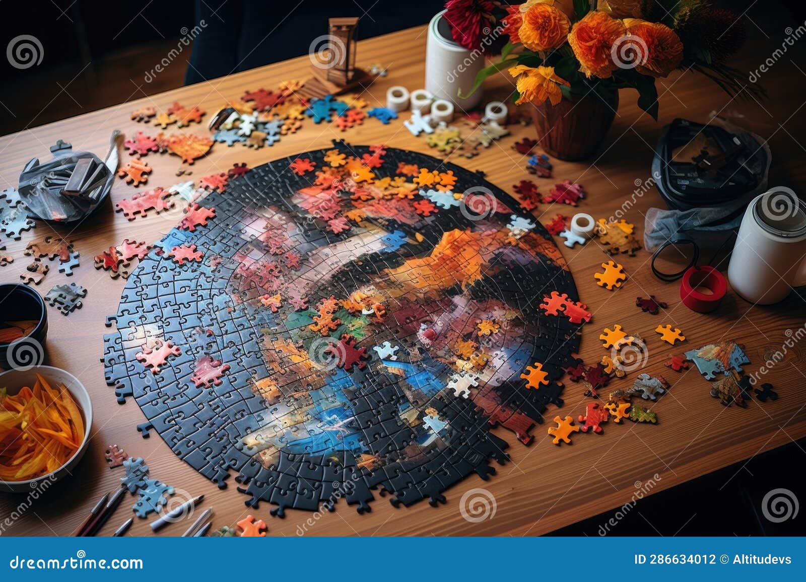 Overhead View of Puzzle-in-progress on a Table Stock Photo - Image of ...