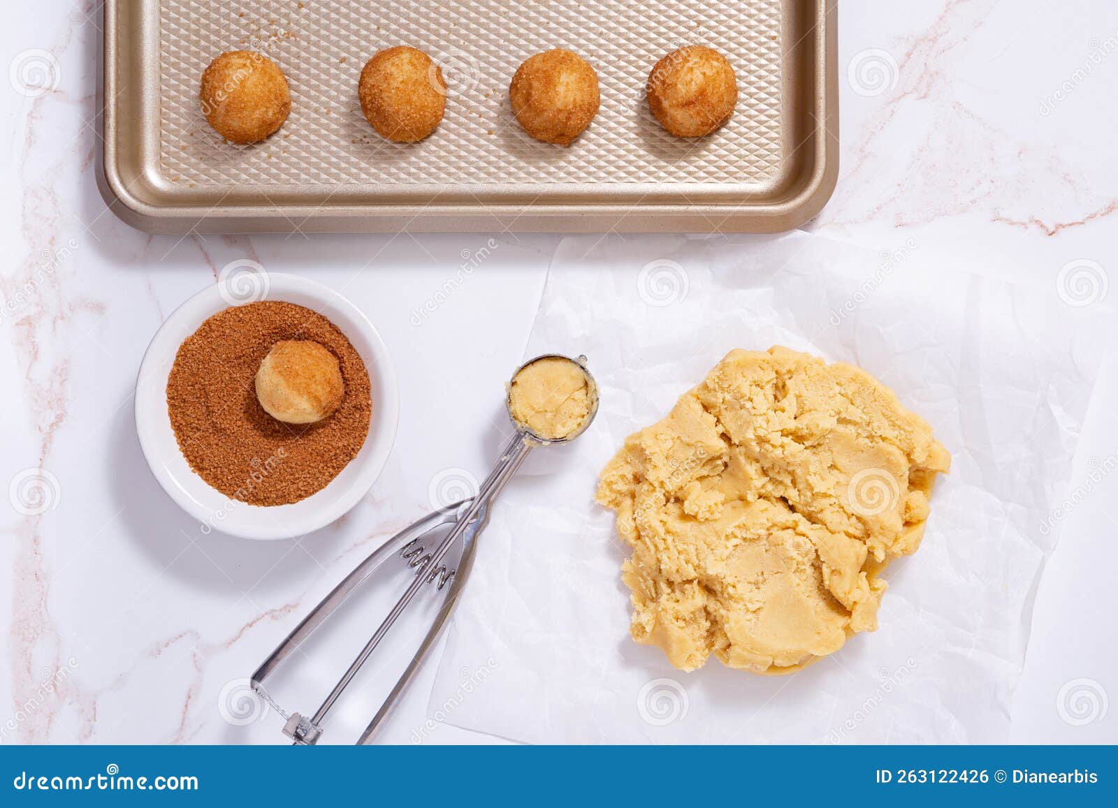 Overhead View of Raw Cookie Dough with Scoop and Sheet Pan Stock Photo ...