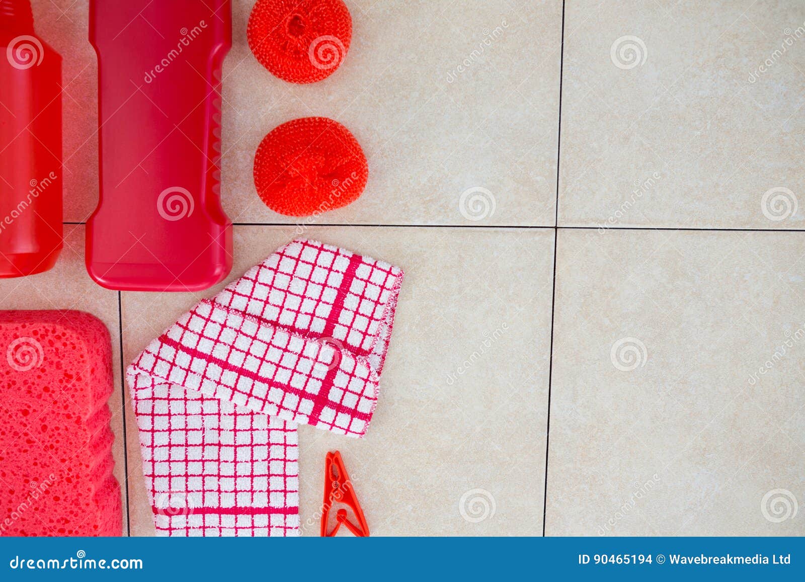 Overhead View of Red Cleaning Products with Napkin Stock Photo - Image ...