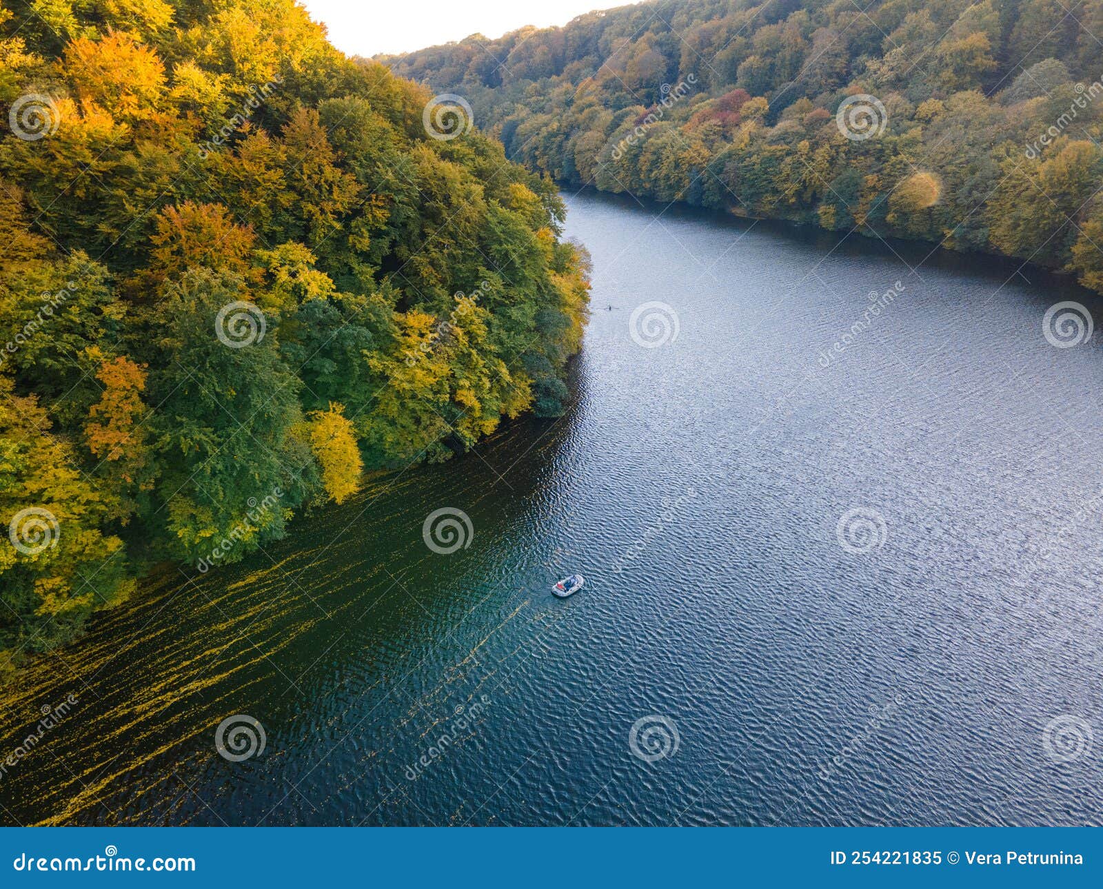 Overhead View of River Surrounded by Autumn Forest Stock Image - Image ...