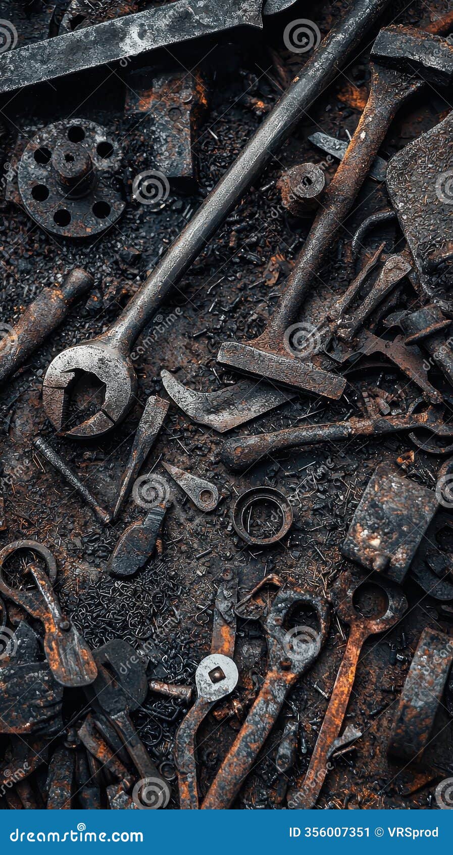 Overhead View of Rusted Tools on a Dark, Gritty Surface Stock Image ...