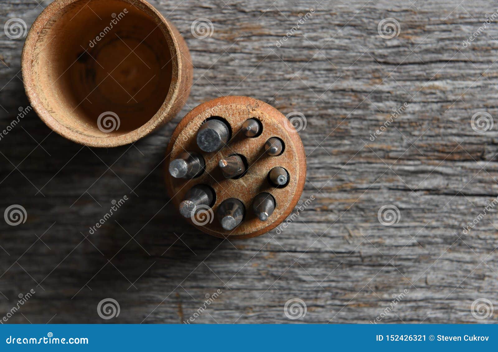Overhead View of a Set of Antique Punches in Their Wood Holder Stock ...