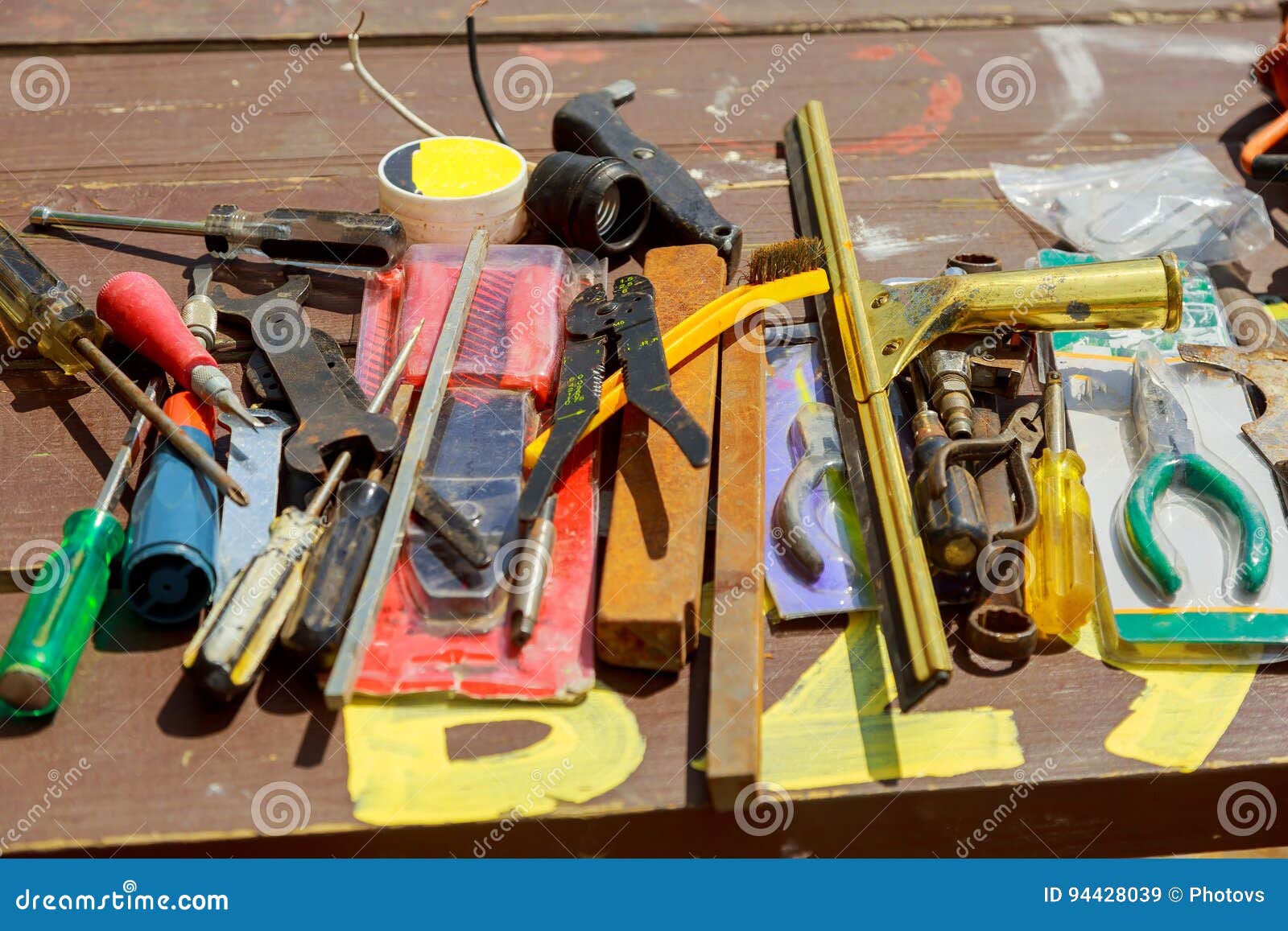 Overhead View of Set of Old Wood Working Tools, Tools on a Wooden Stock ...