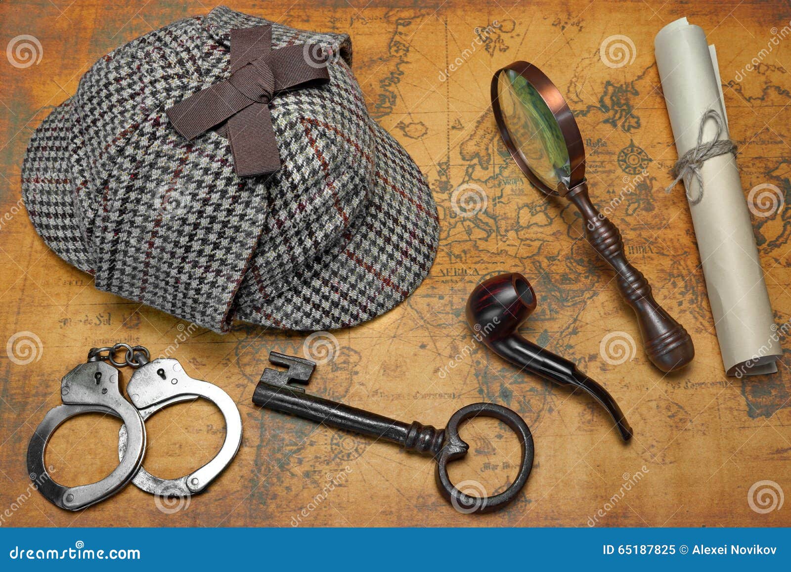 Overhead View of Sherlock Hat and Detective Tools on Map Stock Image ...