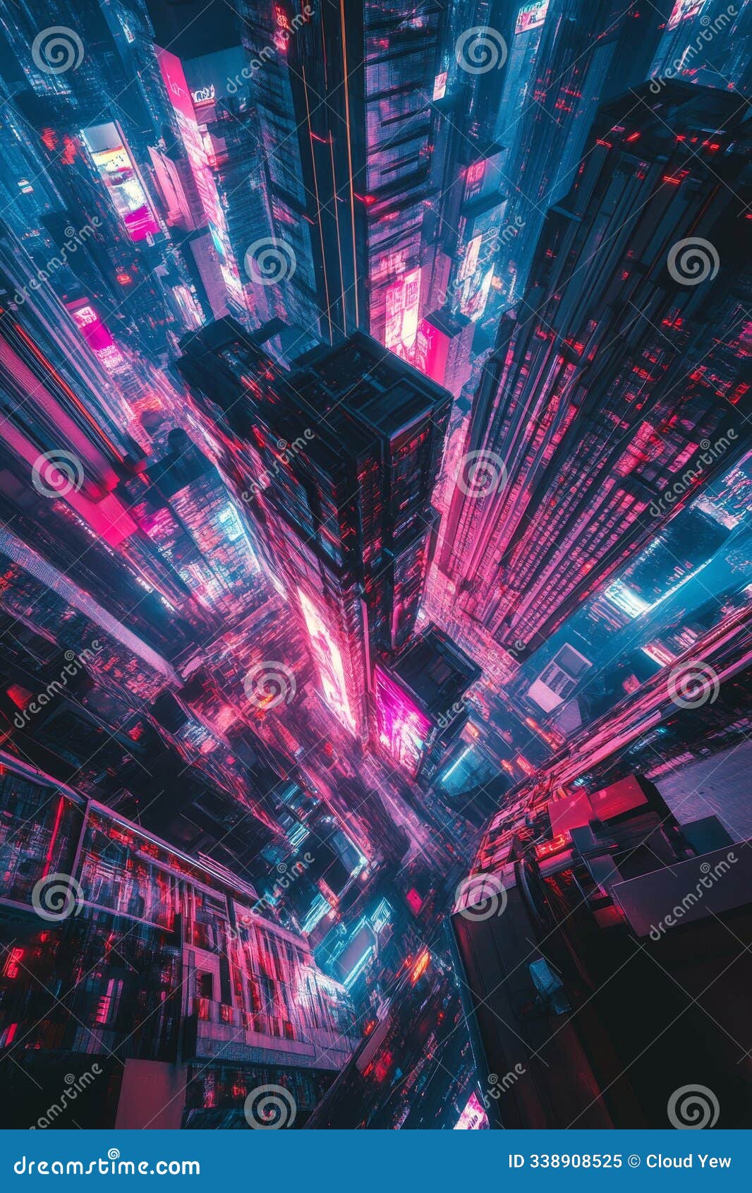 Overhead View of a Skyscraper with a Unique Synthwave Design in a Neon ...