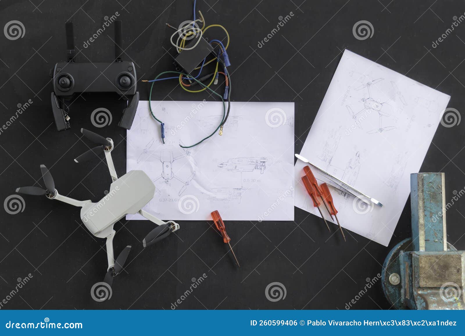 Overhead Top View of Small Quadcopter and Remote Controller with a ...