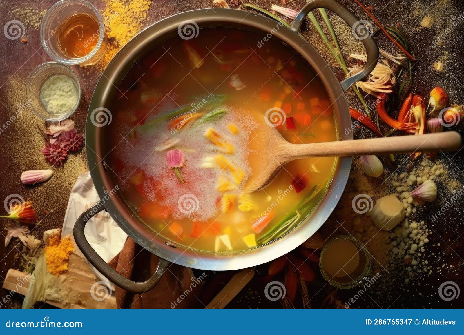 Overhead View of Soup Ingredients Being Stirred Stock Illustration ...