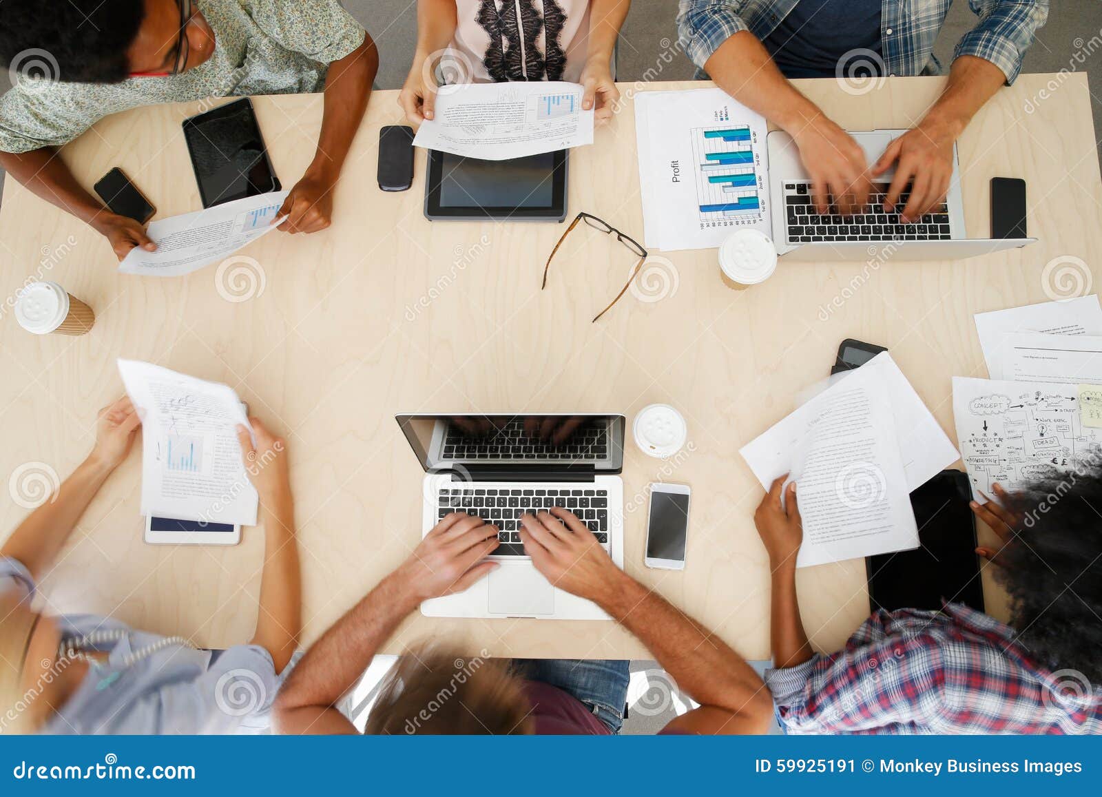 Overhead View of Staff with Digital Devices in Meeting Stock Image ...
