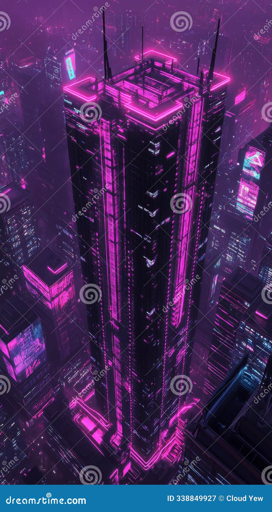Overhead View of a Synthwave Skyscraper Stock Illustration ...