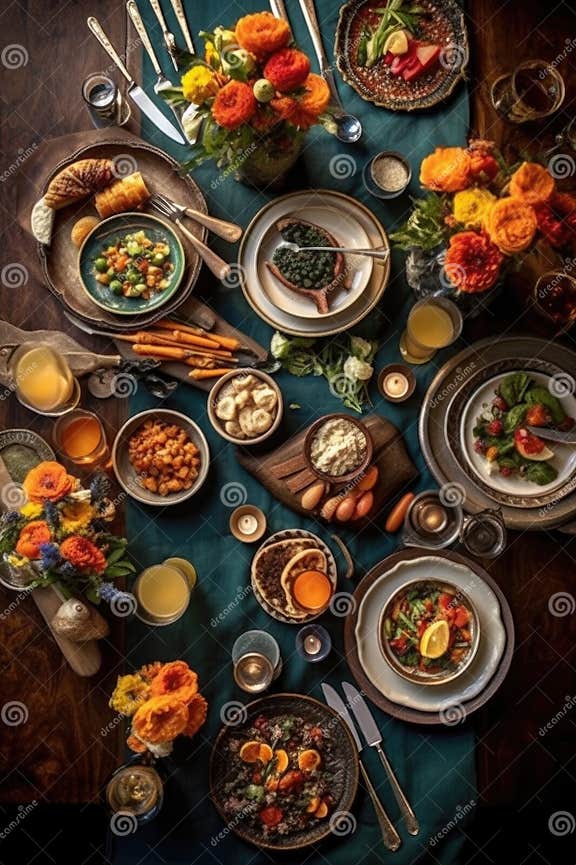 Overhead View of a Table Set for a Dinner Party Stock Illustration ...