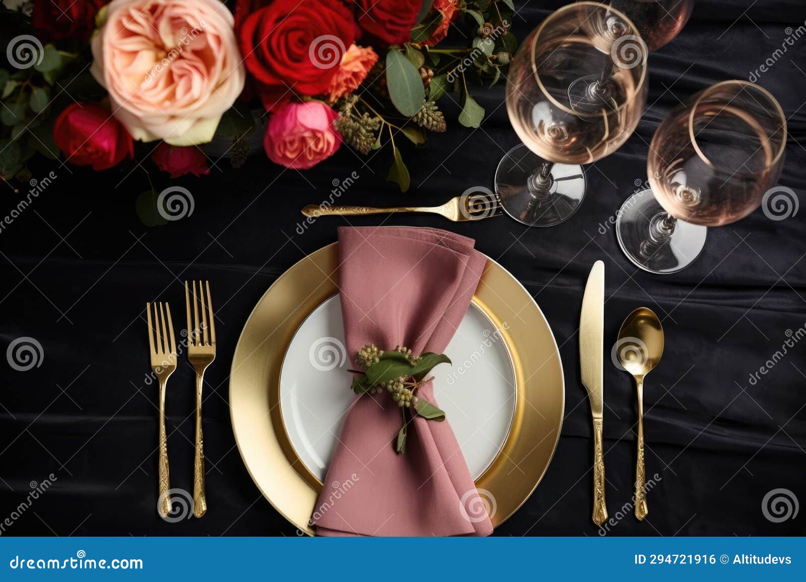 Overhead View of a Table Setting with Gold Cutlery Stock Photo - Image ...