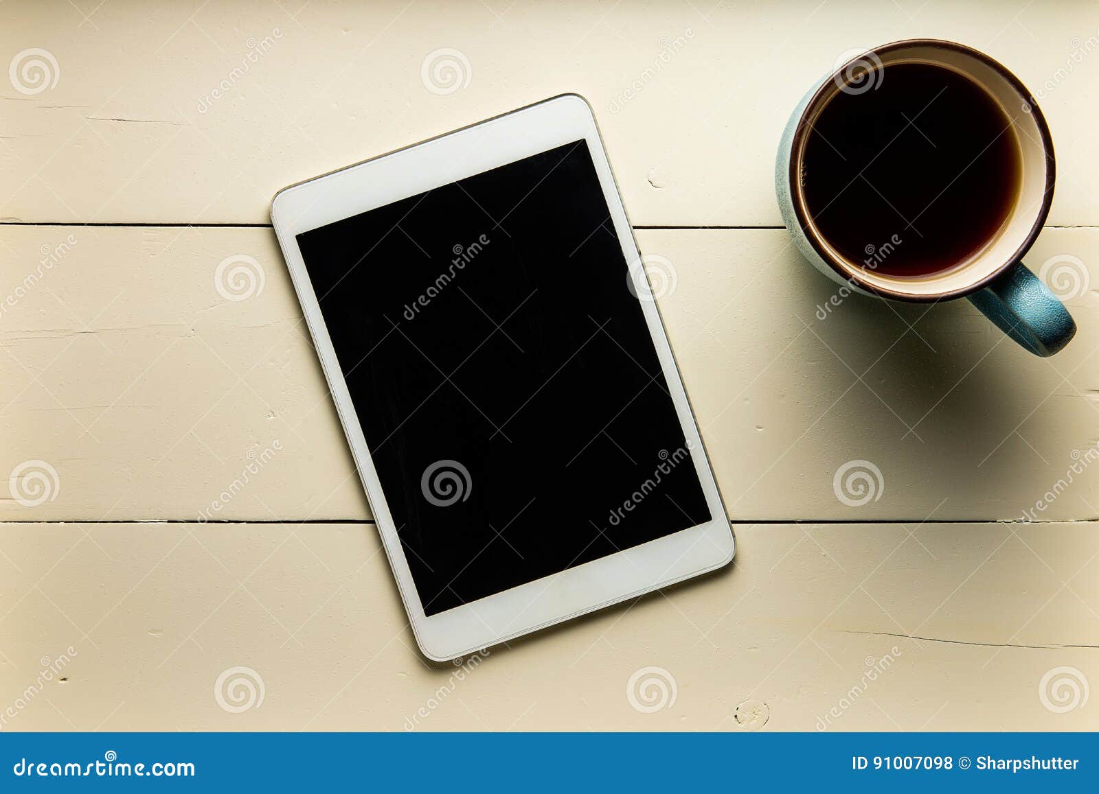 Overhead View of Tablet and Cofee on Wood Stock Photo - Image of ...