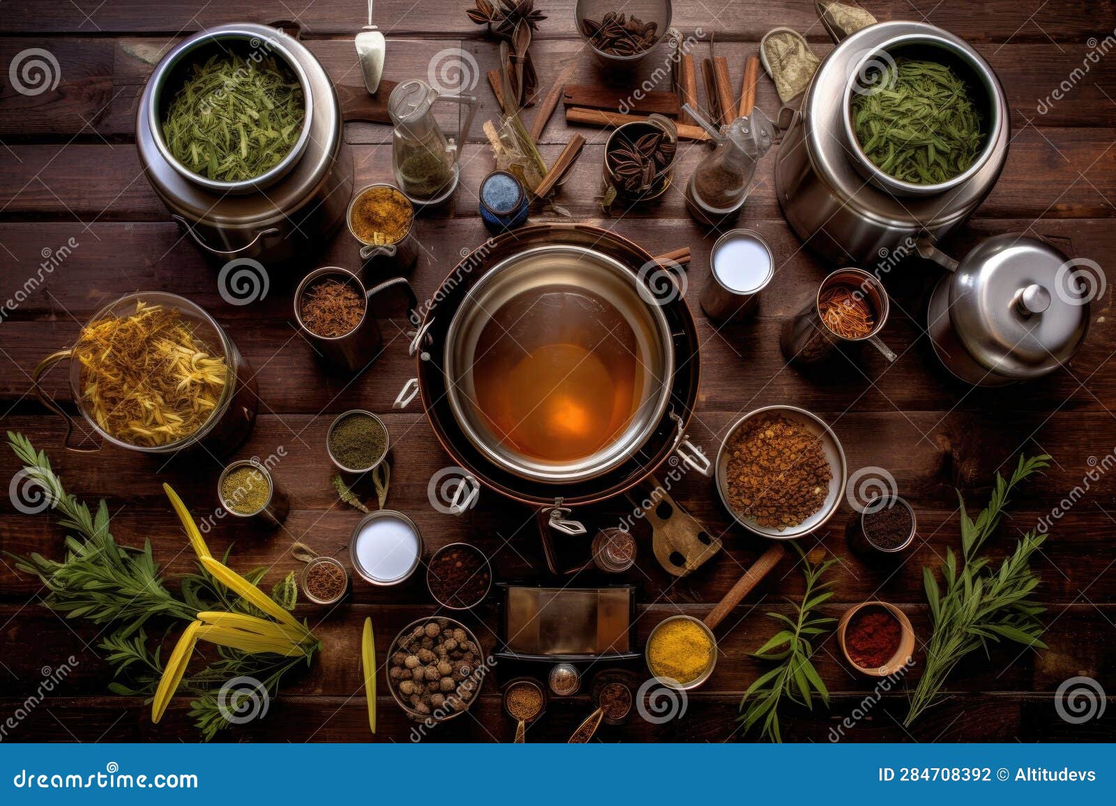 Overhead View of a Tea Brewing Setup with Loose Leaves and Equipment ...