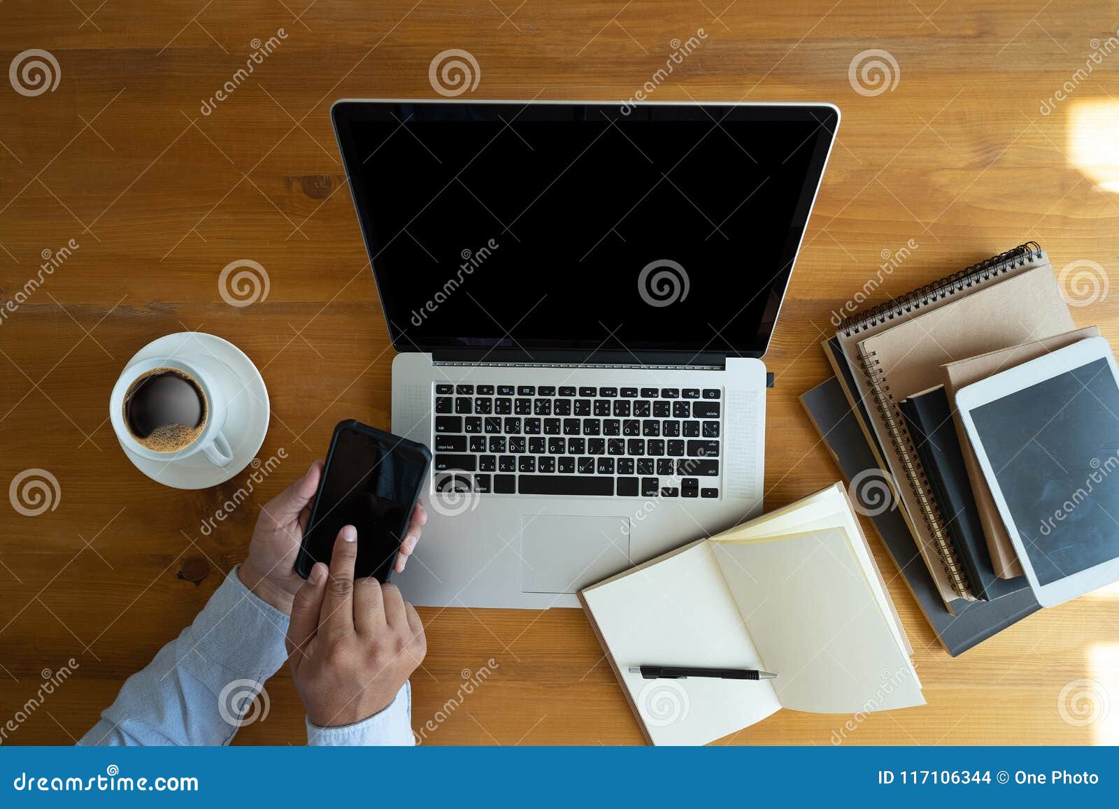 Overhead View Top View Man Working Desk Concept Stock Photo - Image of ...