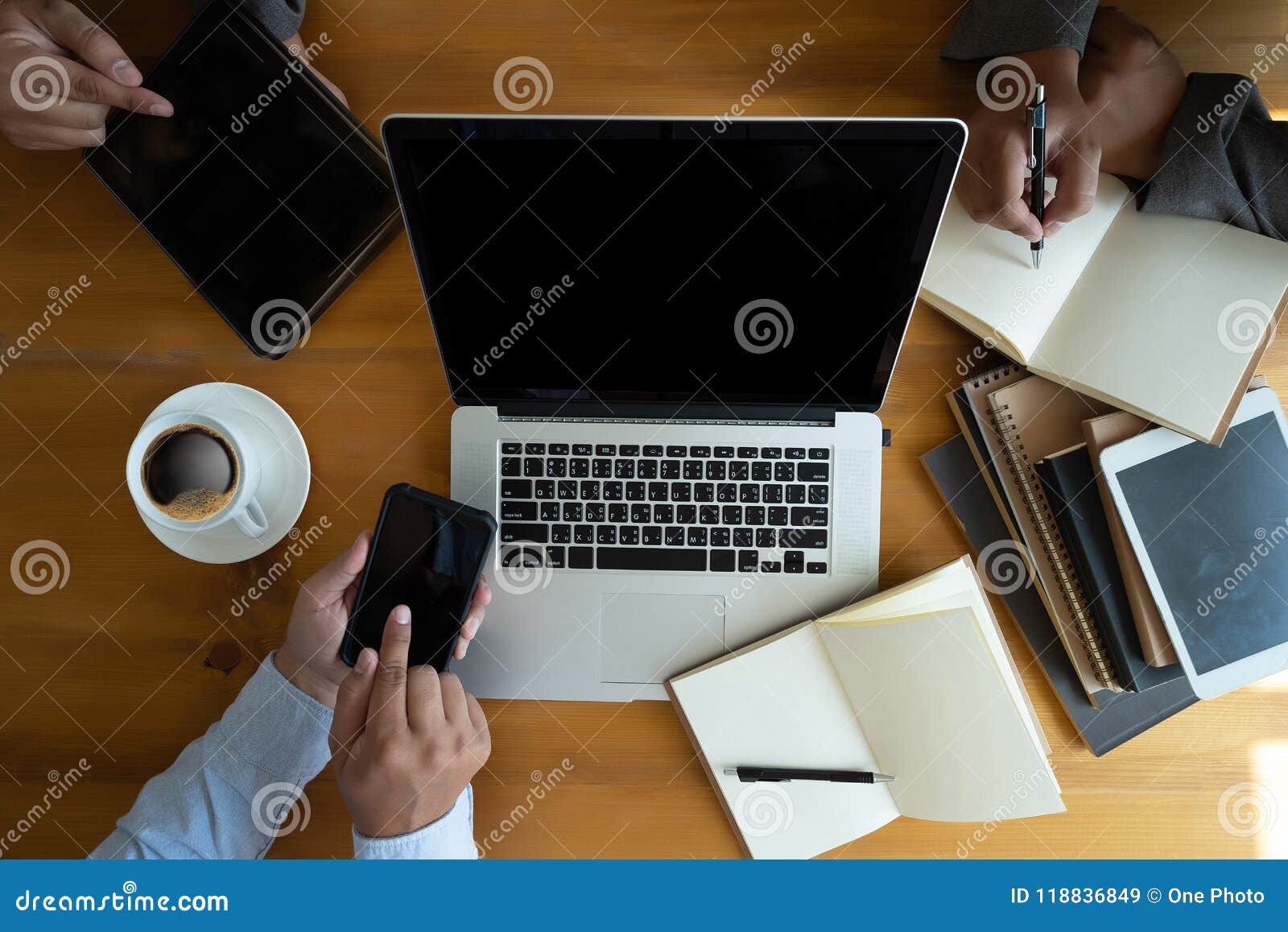 Overhead View Top View Man Working Desk Concept Stock Image - Image of ...