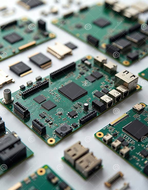 Overhead View of Various Electronic Components. Multiple Circuit Boards ...