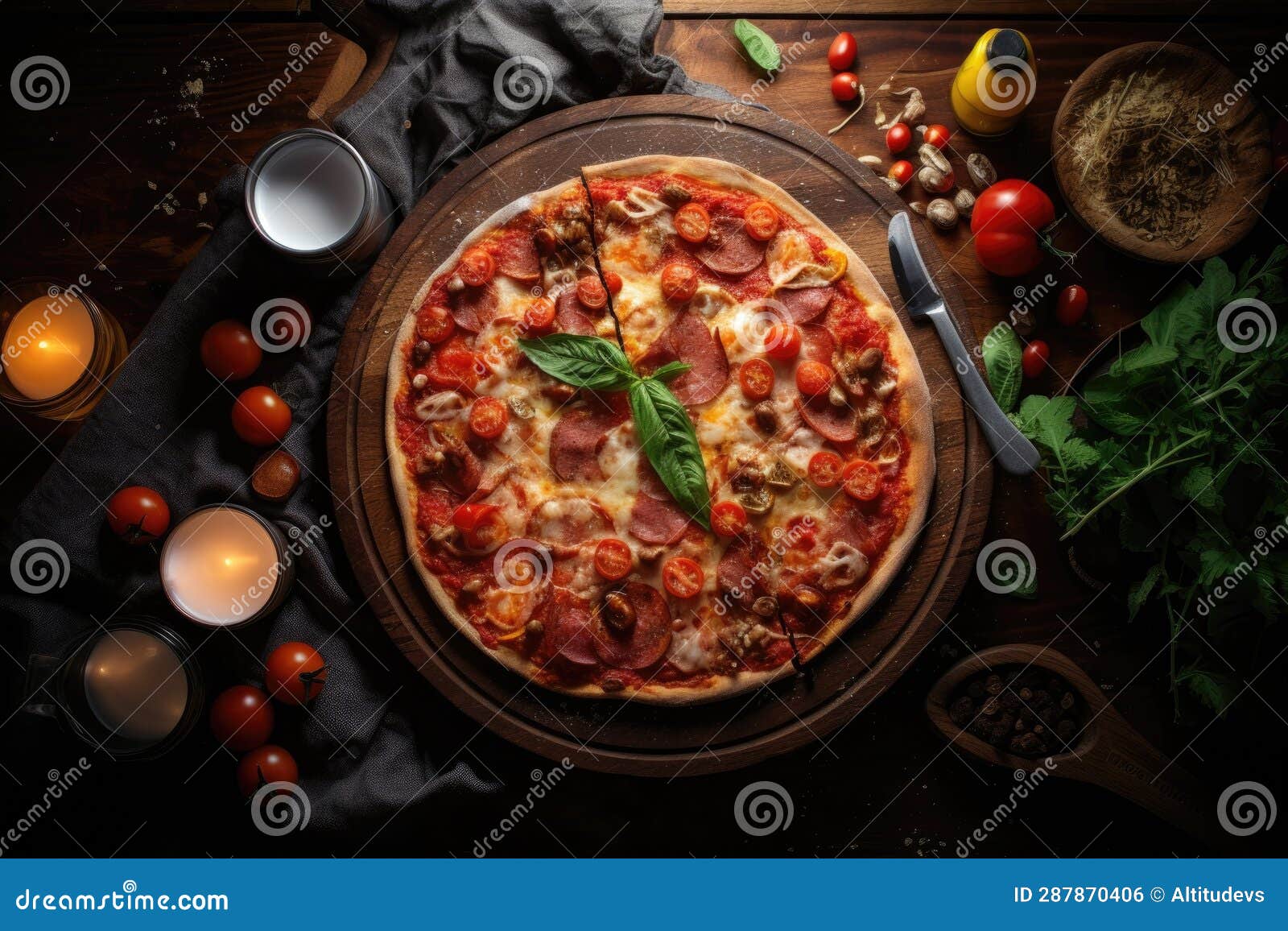 Overhead View of a Well-lit Homemade Pizza Stock Photo - Image of food ...