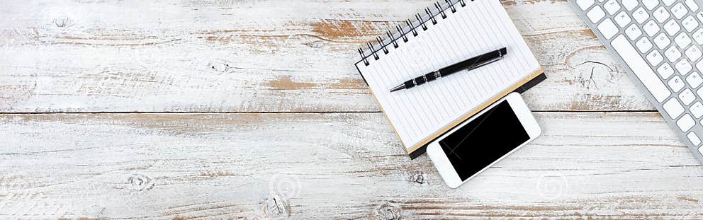 Overhead View of White Rustic Working Desktop Stock Photo - Image of ...