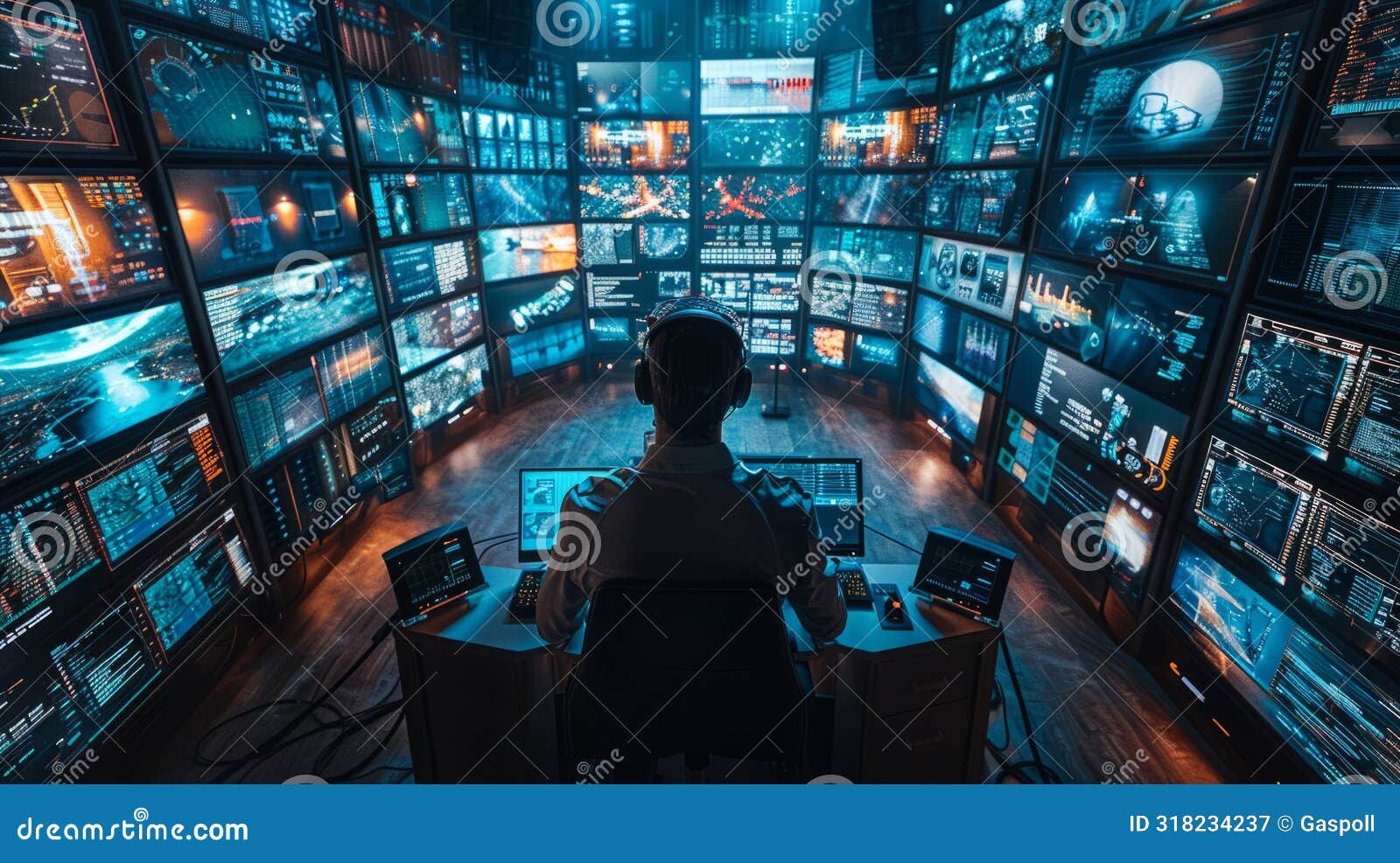 Overhead View of Worker in Control Center Filled with Digital Displays ...