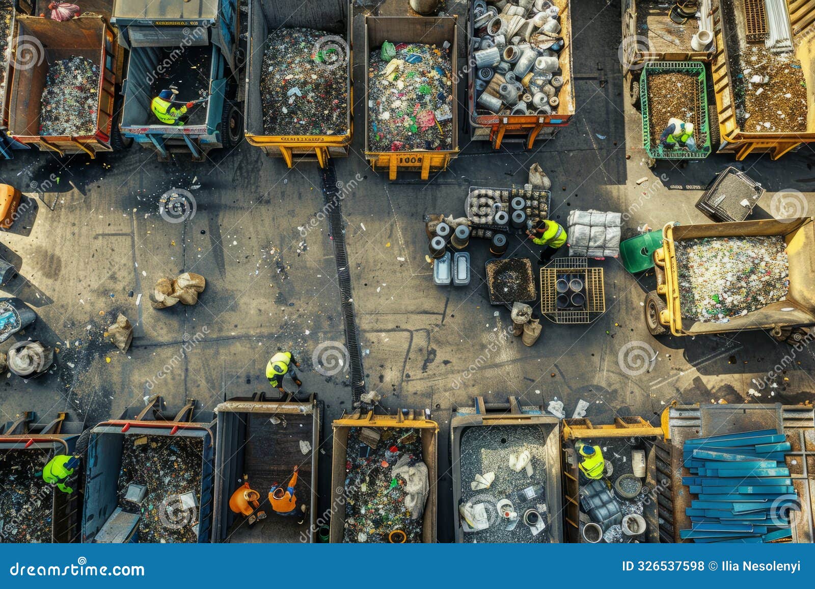 Overhead View of Workers in a Factory Sorting Various Materials for ...