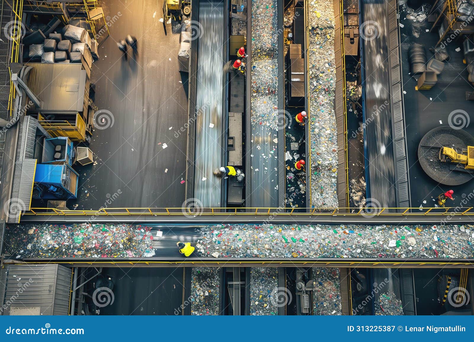 Overhead View of Workers and Machinery at a Waste Sorting Facility ...