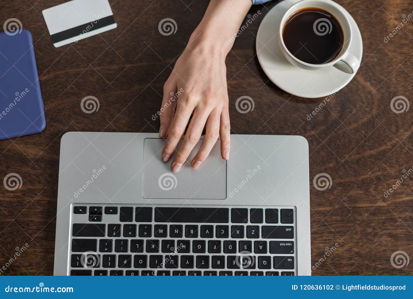Overhead View of Working Desk with Person Using Stock Photo - Image of ...