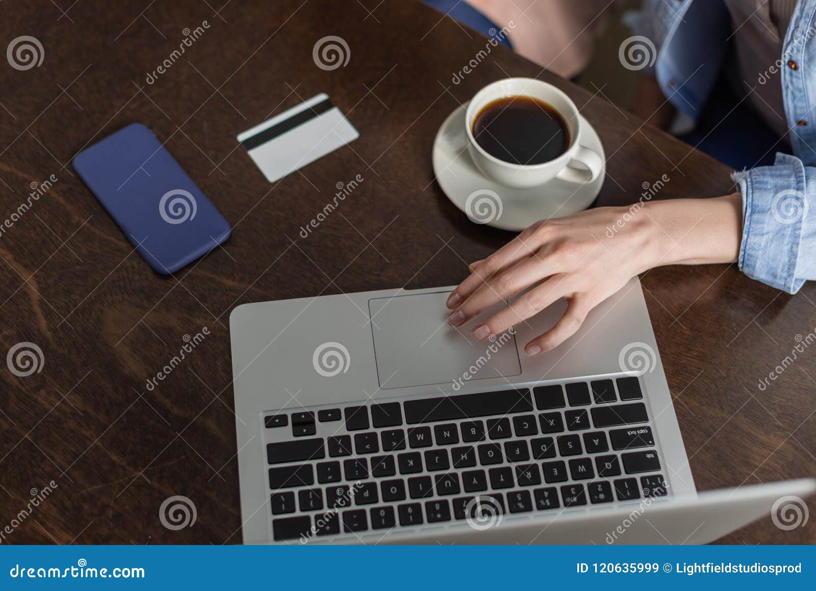 Overhead View of Working Desk with Person Using Stock Image - Image of ...