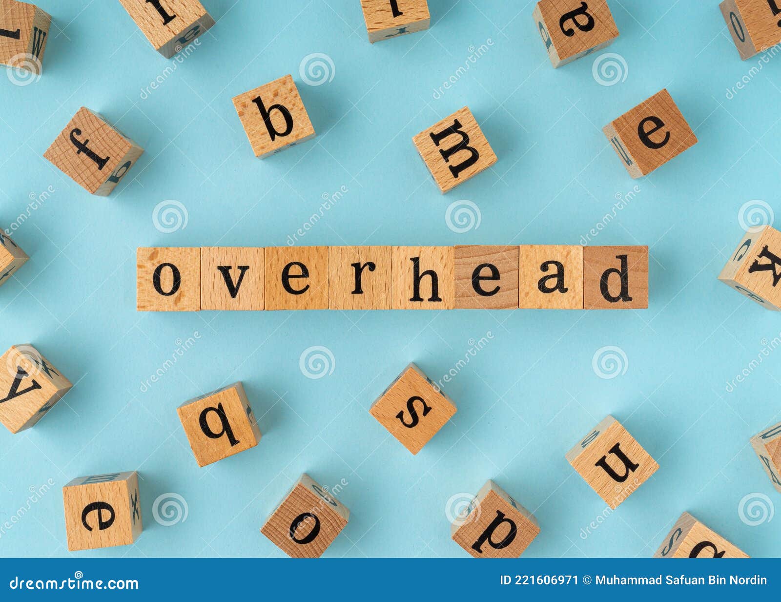 Overhead Word on Wooden Block. Flat Lay View on Blue Background Stock ...