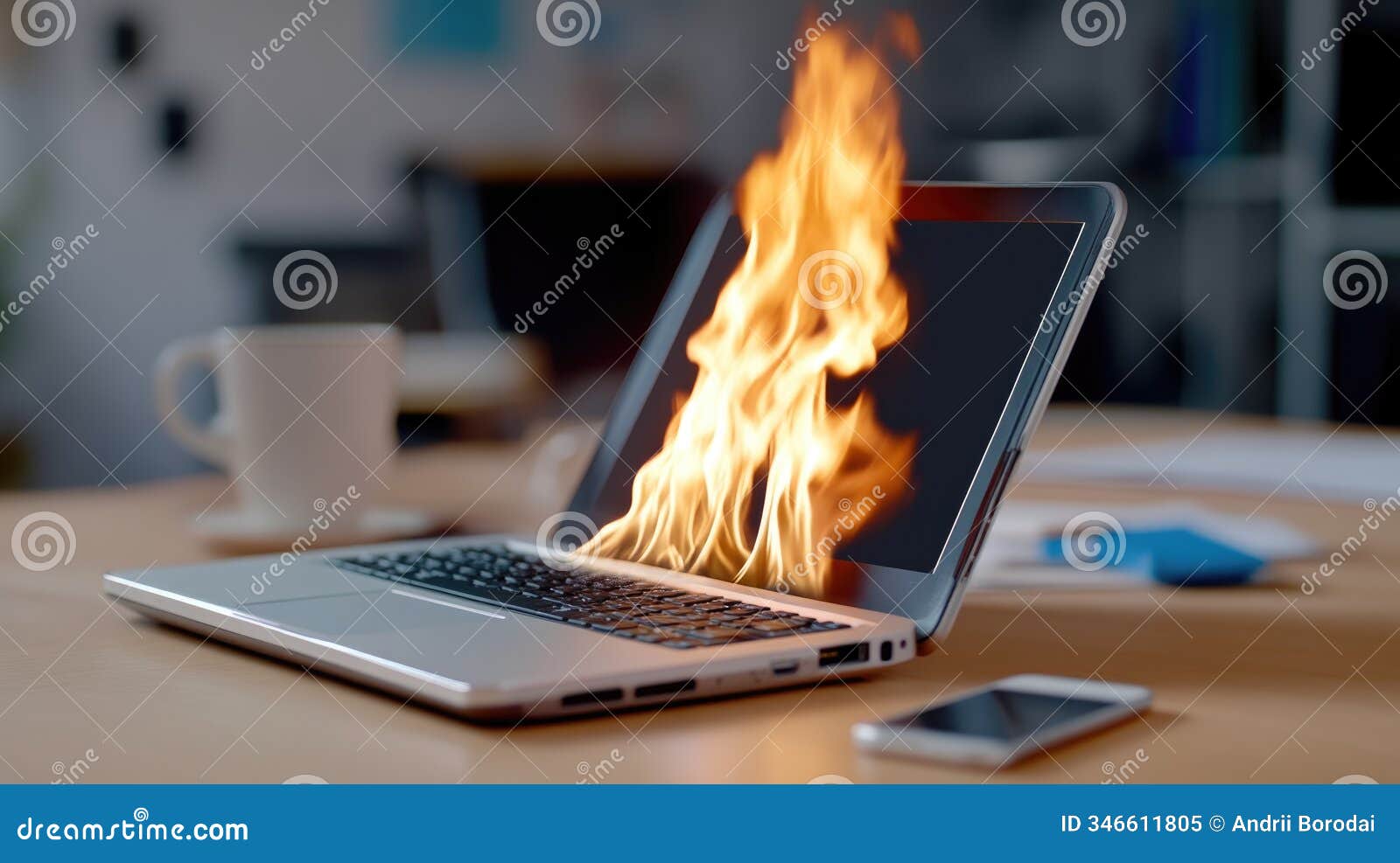 Overheated Laptop Erupts in Flames on Desk. Stock Illustration ...