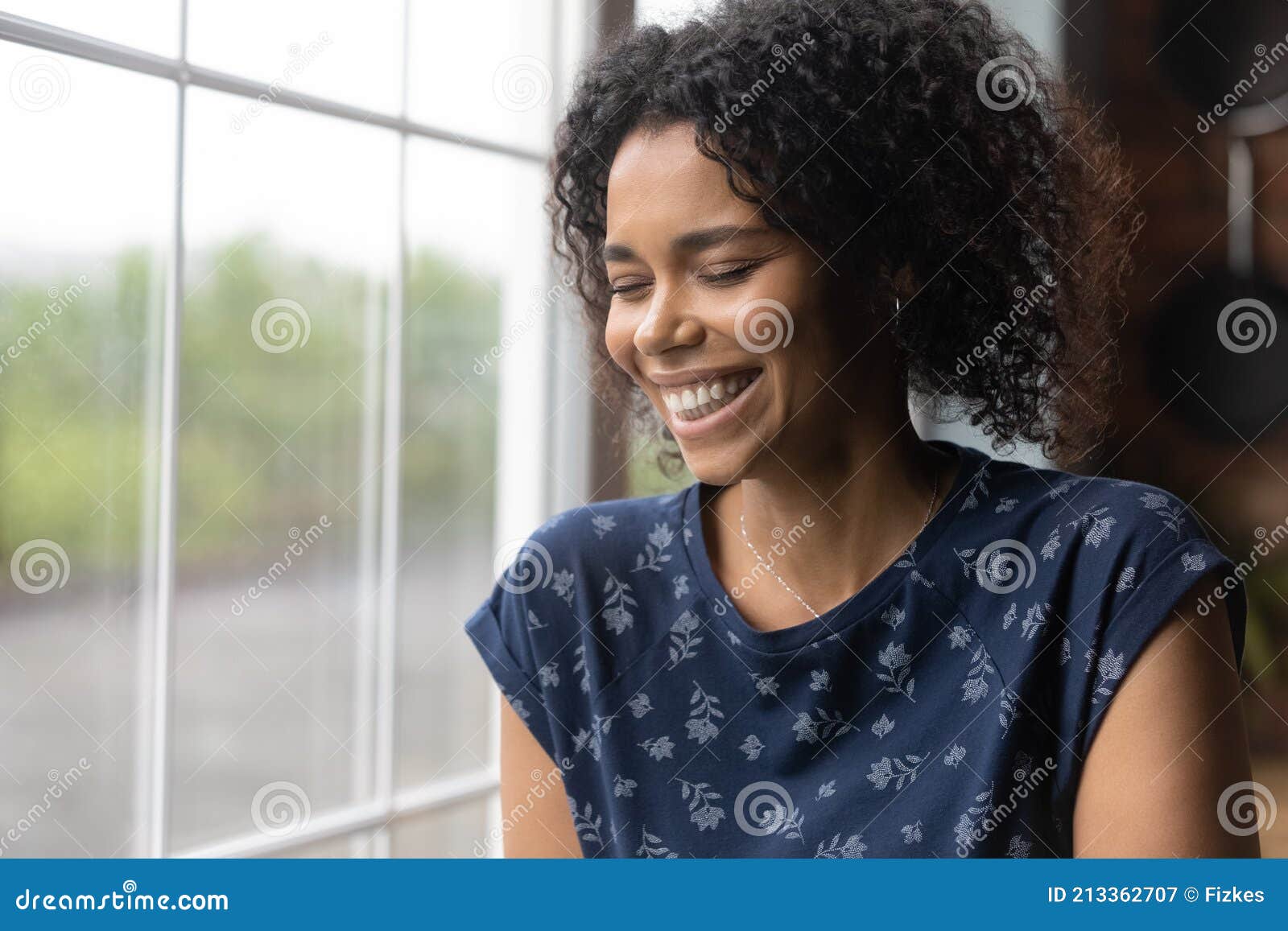 Millennial Black Woman Laugh With Closed Eyes Feel Happy Stock Image