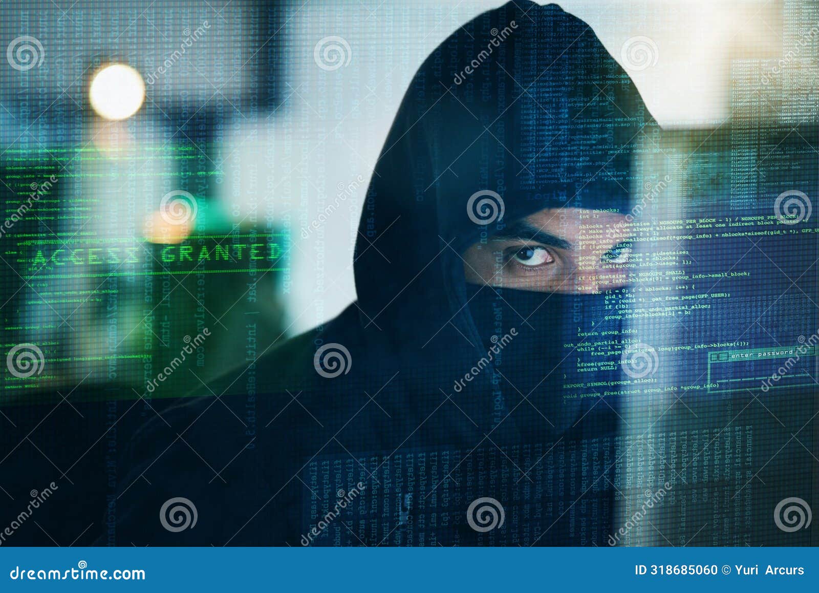 Overlay Hacker And Portrait Of Man For Programming Coding And Information Technology In Dark