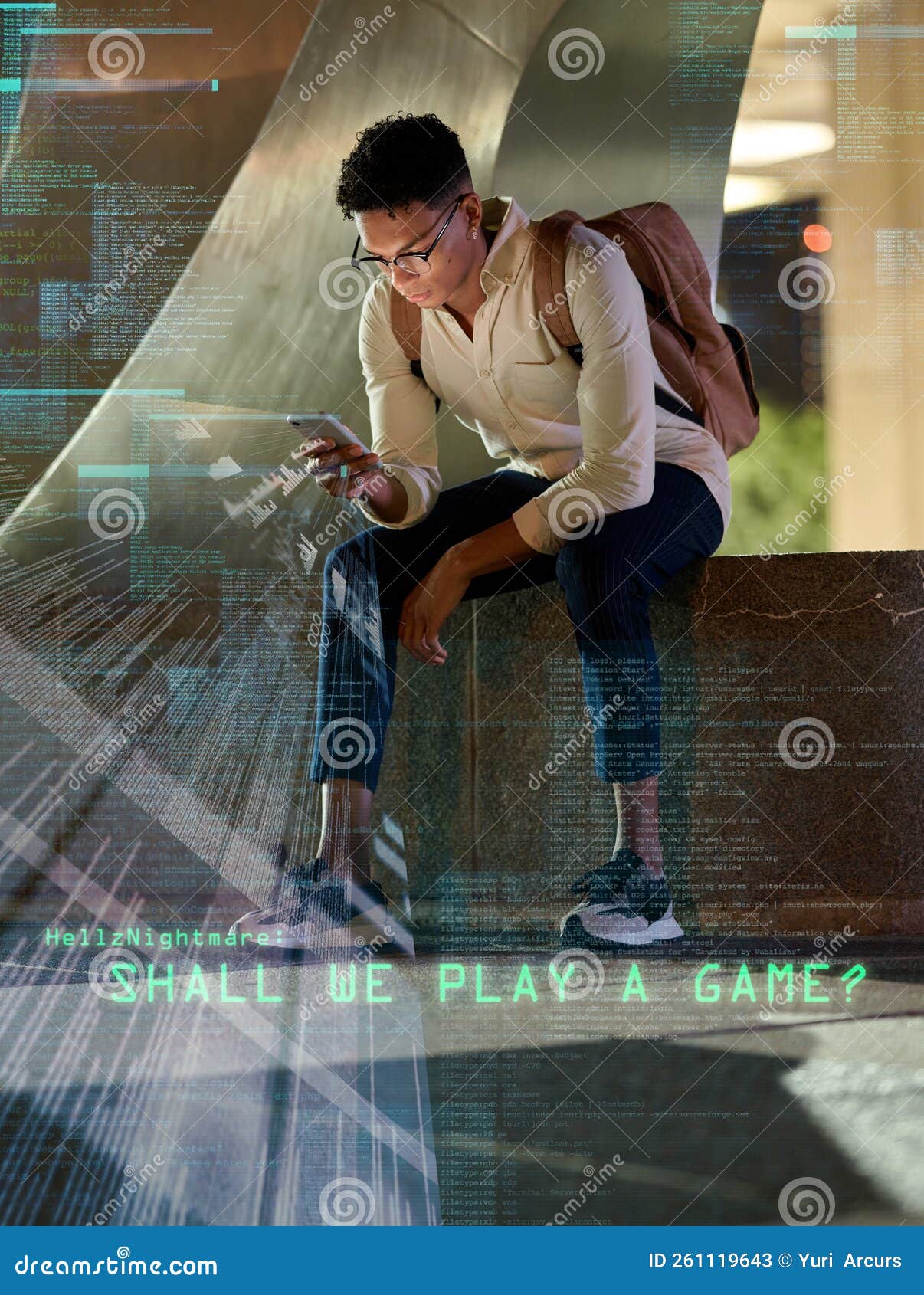 Overlay, Phone and Cybersecurity Hacker in a City Coding, Networking or ...