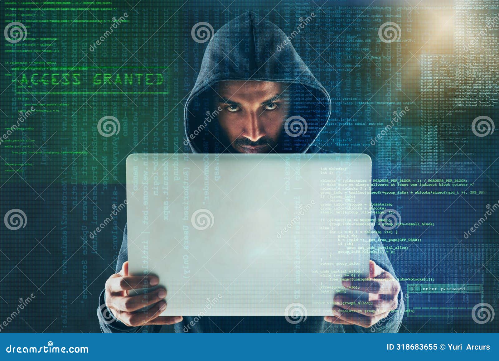 Overlay Programming And Portrait Of Hacker On Laptop For Coding Virus Malware And Information