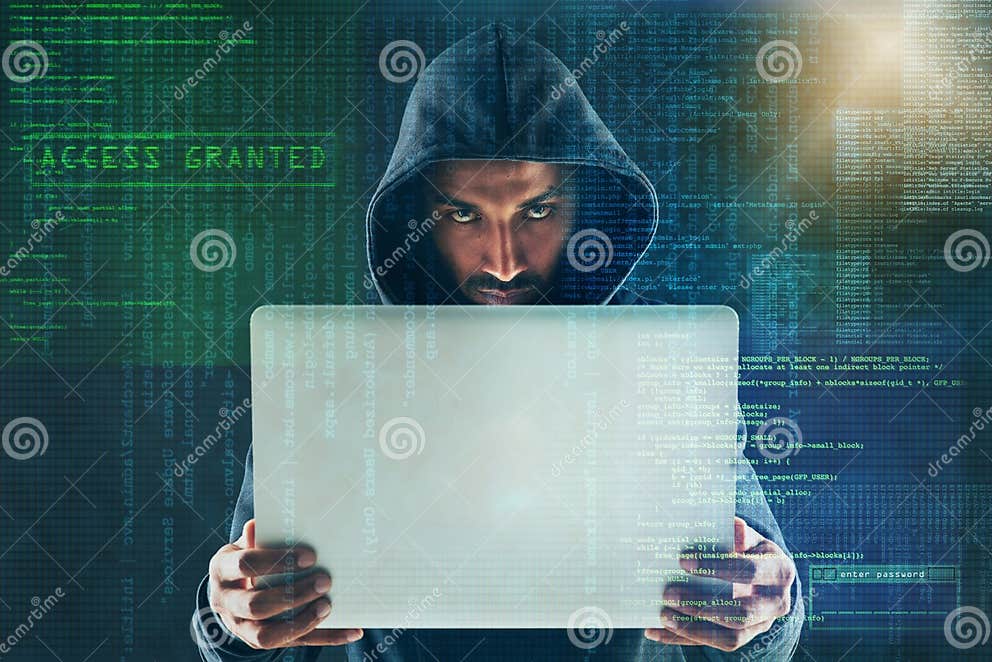 Overlay Programming And Portrait Of Hacker On Laptop For Coding Virus Malware And Information