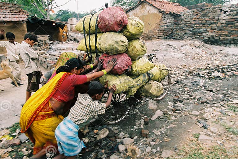 Overloaded bicycle, India editorial stock photo. Image of woman - 8865423