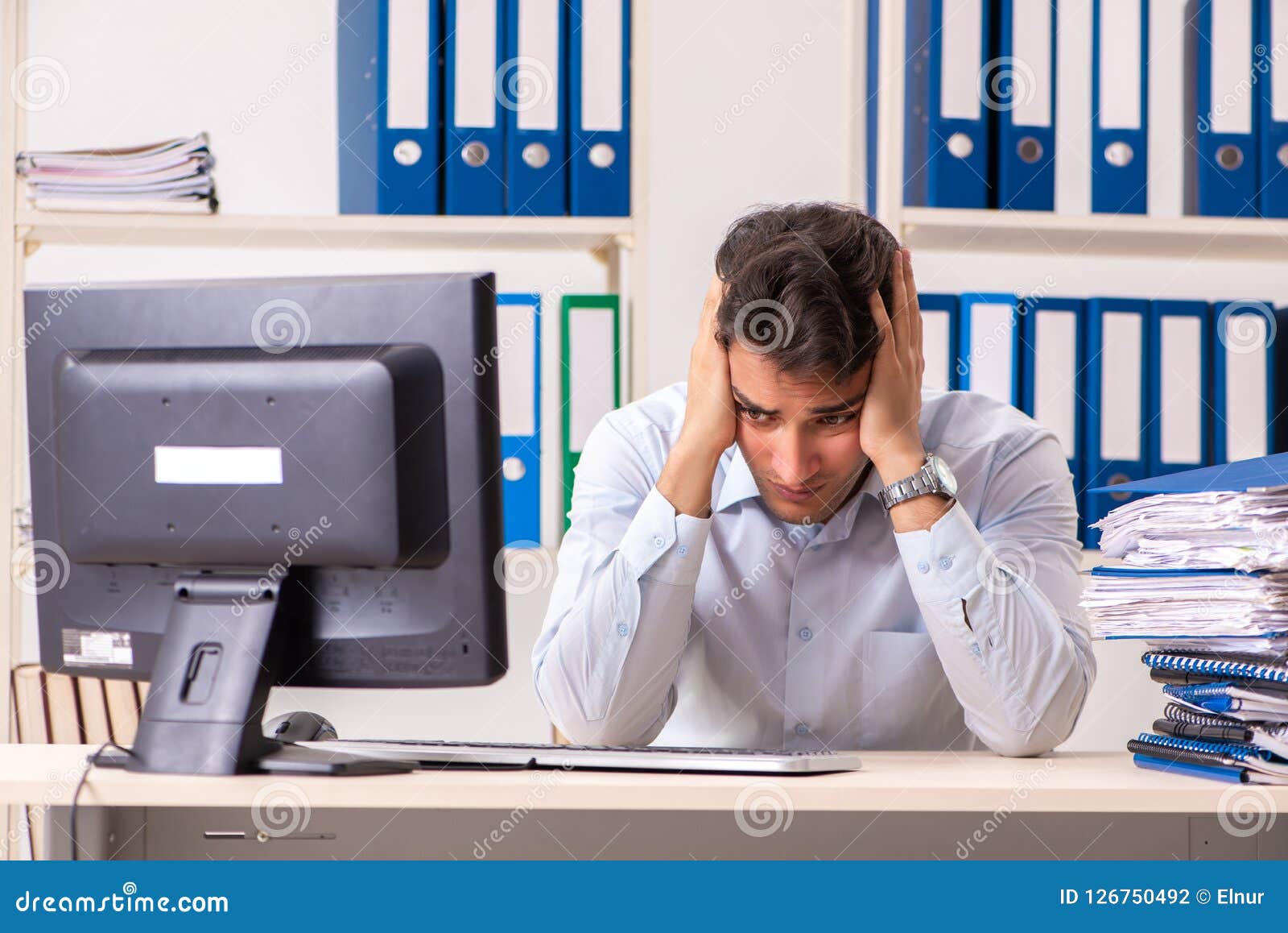 The Overloaded Busy Employee with Too Much Work and Paperwork Stock ...