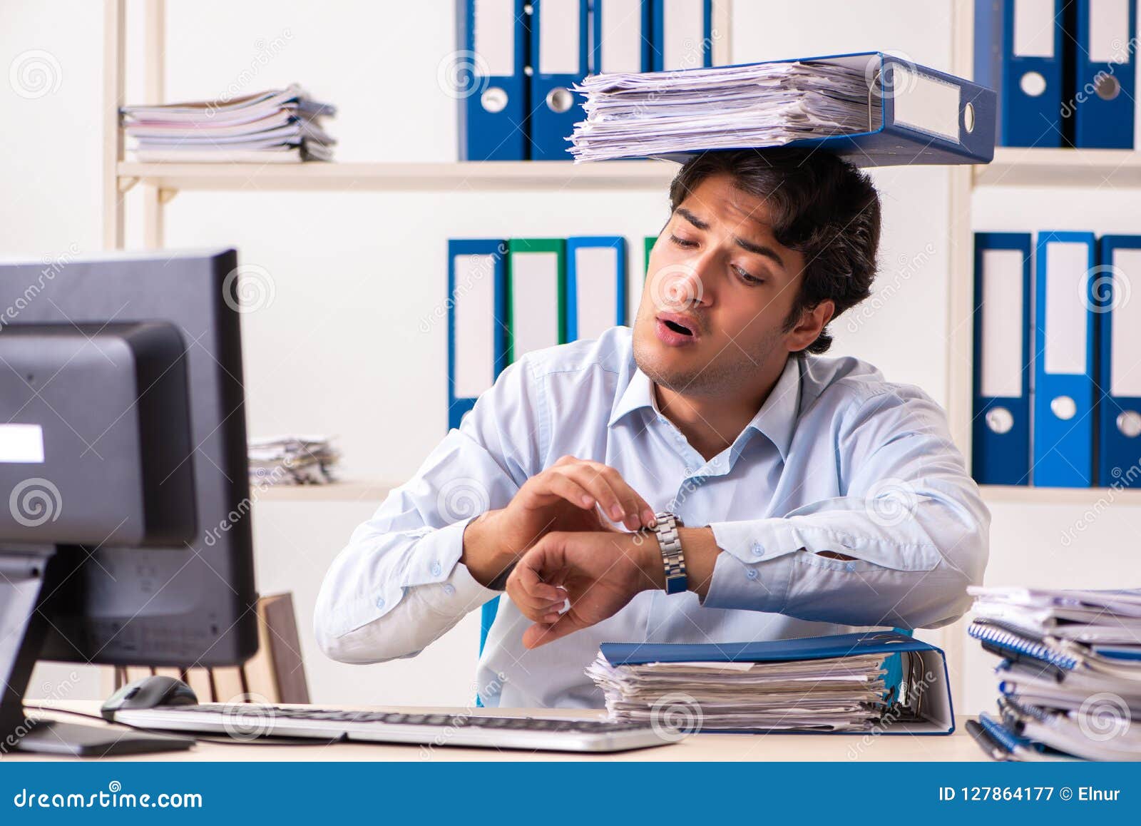 The Overloaded Busy Employee with Too Much Work and Paperwork Stock ...