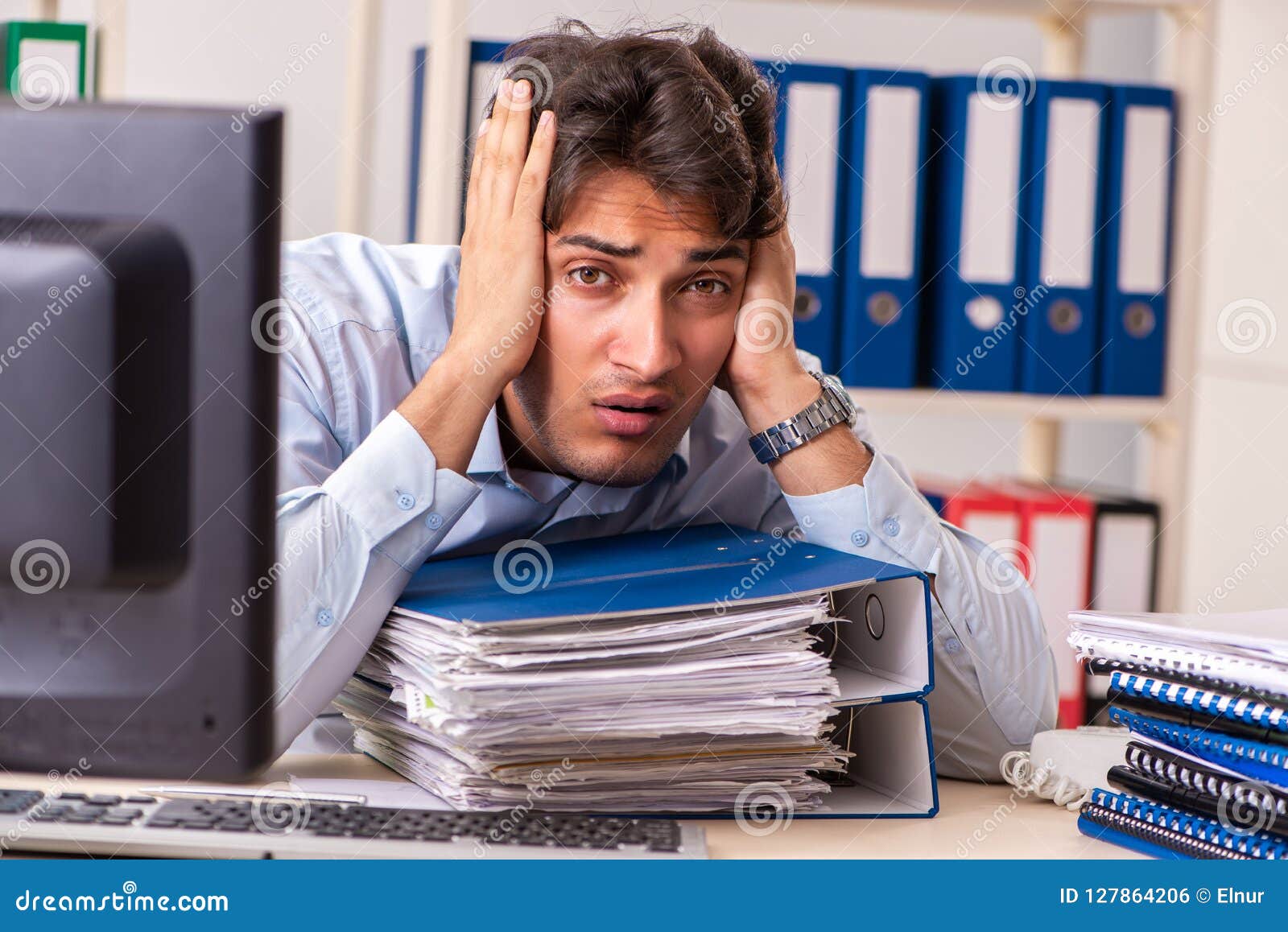 The Overloaded Busy Employee with Too Much Work and Paperwork Stock ...