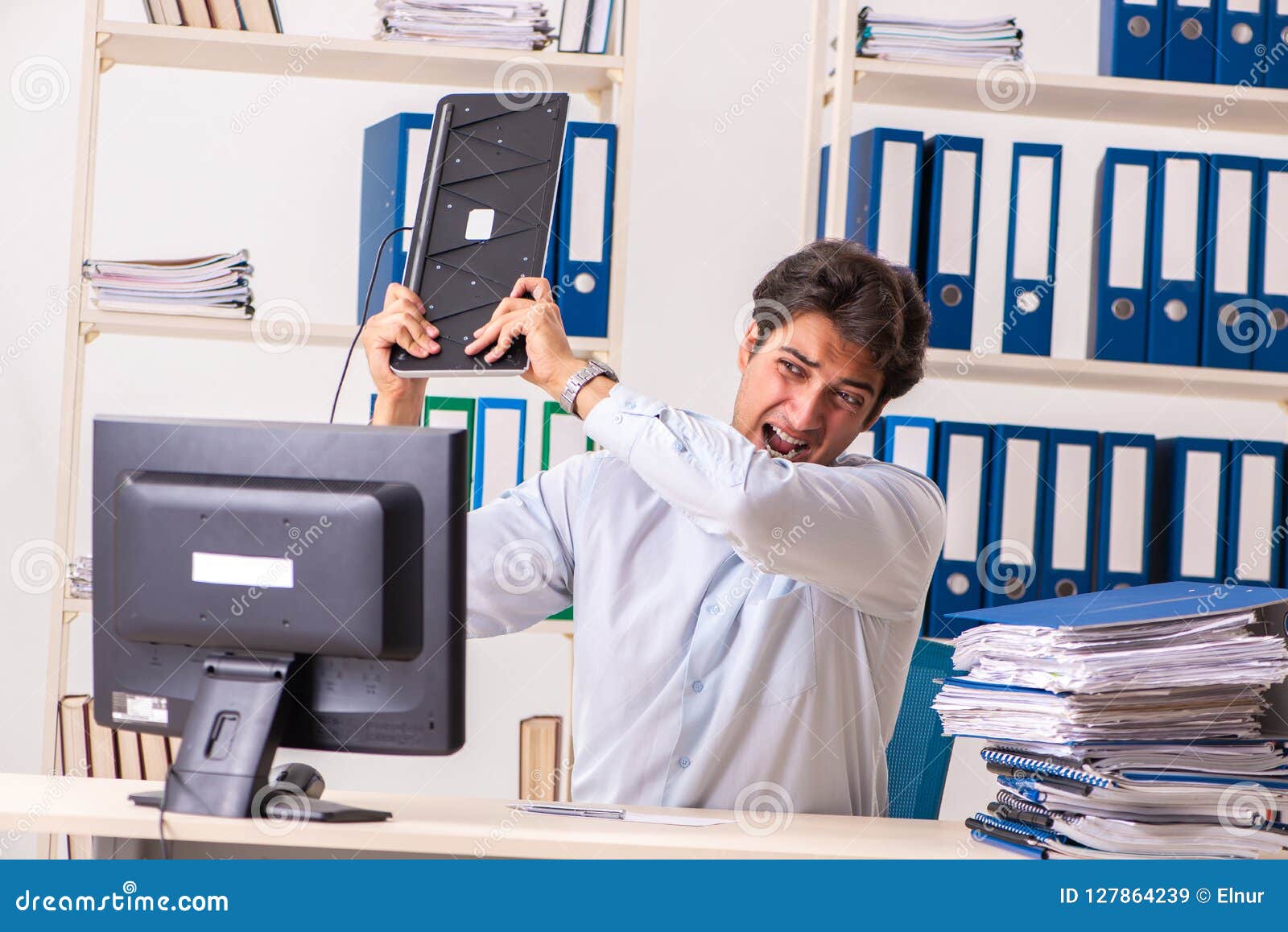 The Overloaded Busy Employee with Too Much Work and Paperwork Stock ...