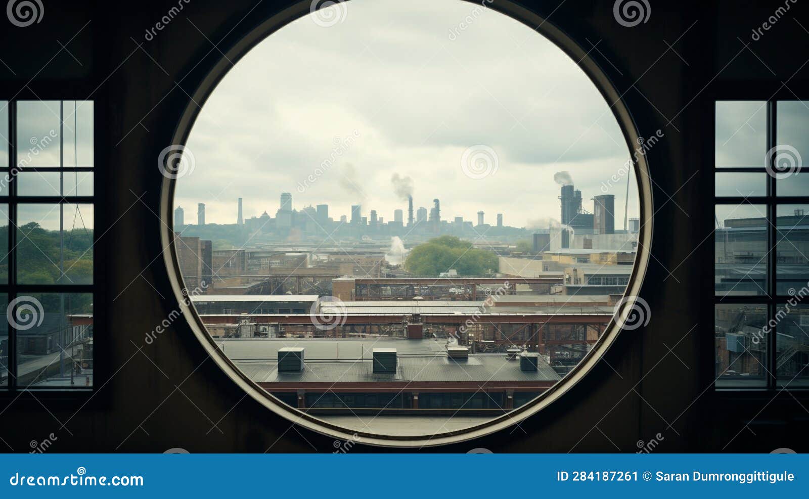Overlooking a Bustling Manufacturing Plant through a Circular Window ...