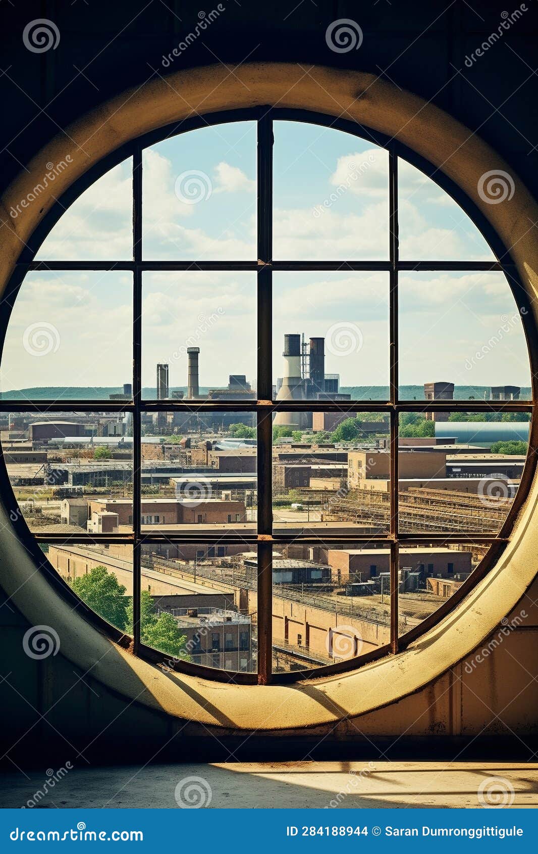 Overlooking a Bustling Manufacturing Plant through a Circular Window ...