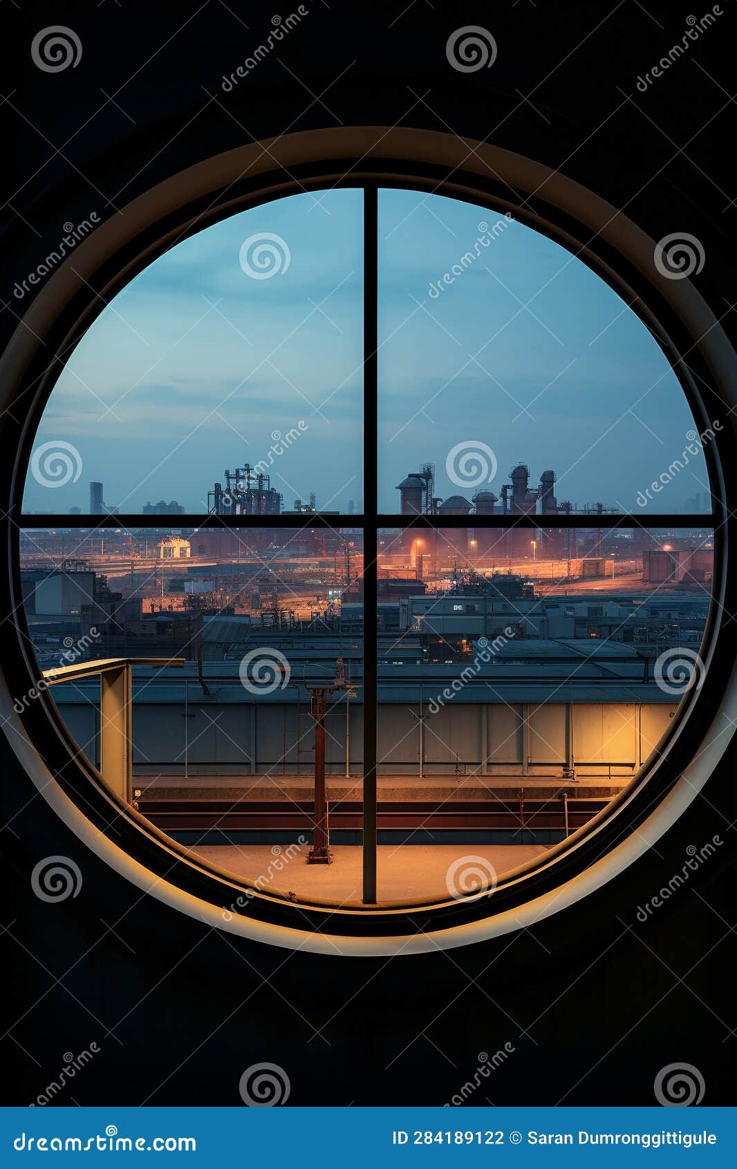 Overlooking a Bustling Manufacturing Plant through a Circular Window ...
