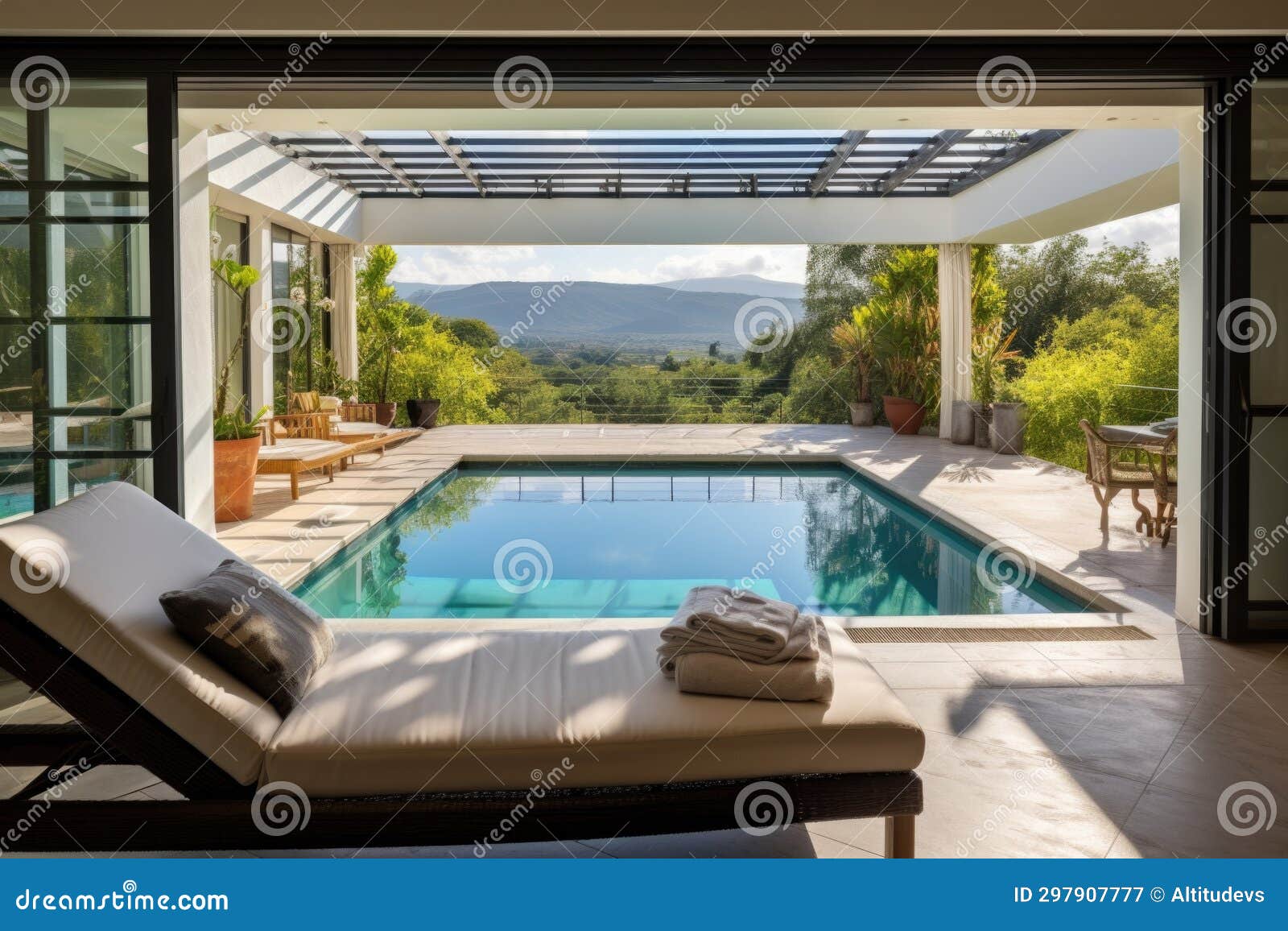 Overlooking Pool View Via Floor-to-ceiling Window in a Luxury Villa ...