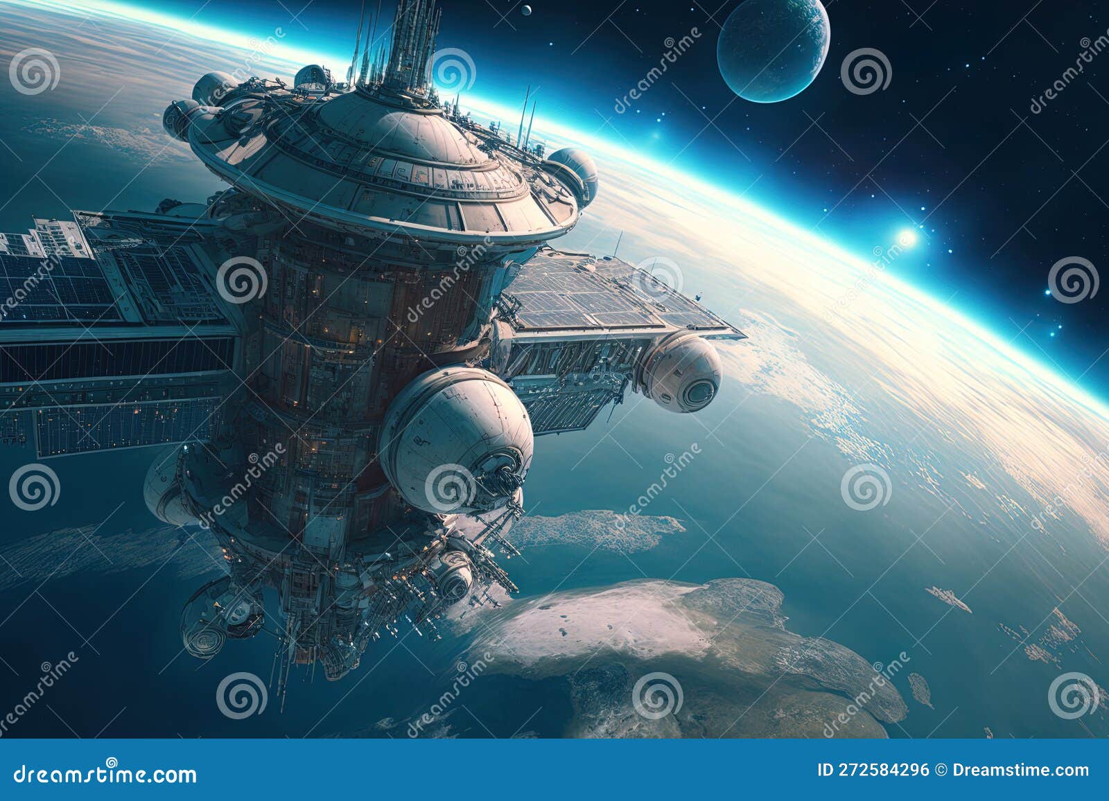 Overlooking a Stunning View of Space is a Space Station. Digital ...