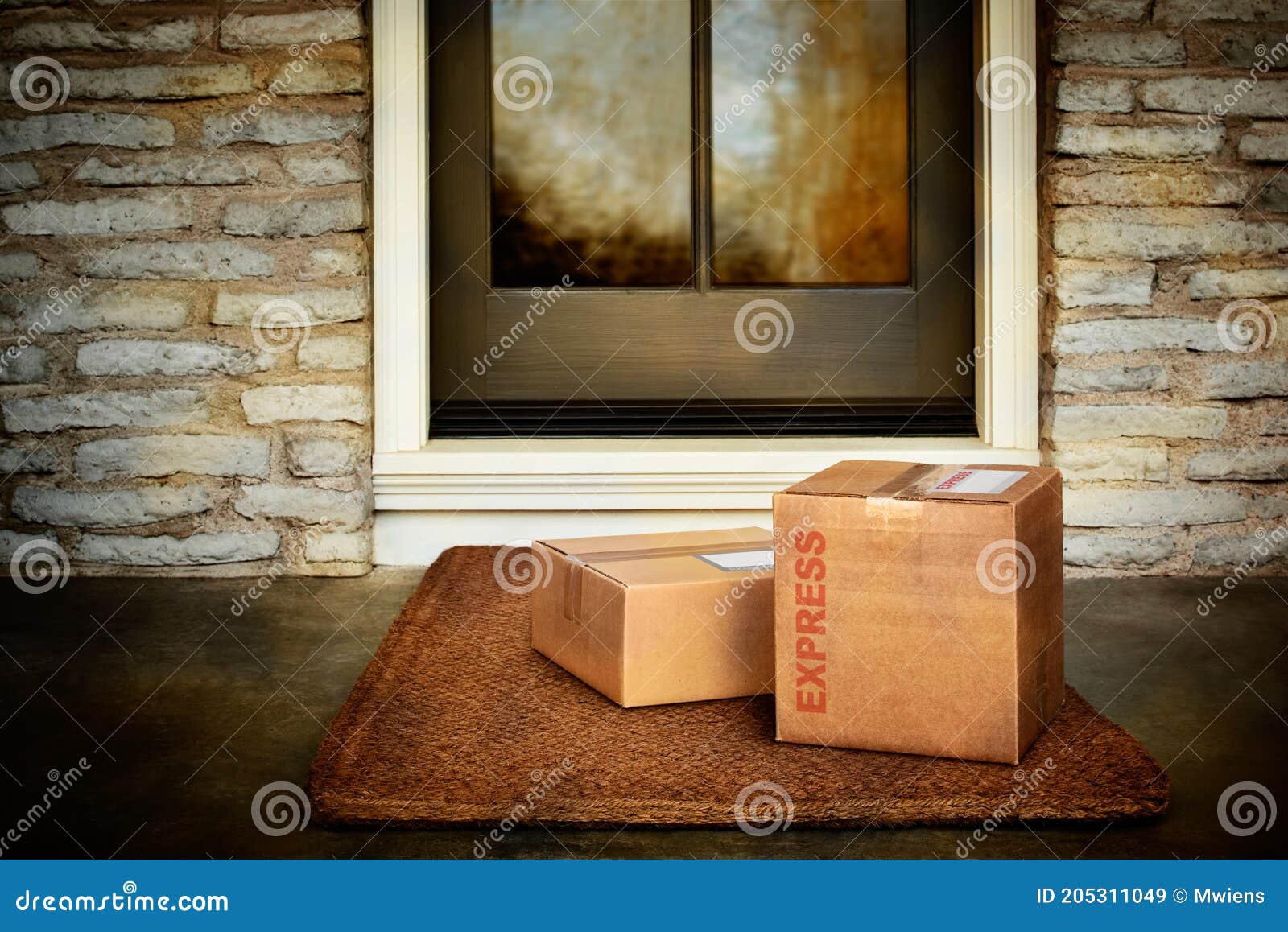 Priority Rush Express Boxes Delivered on the Door Mat Stock Image ...