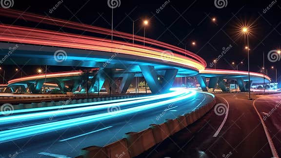 Overpass and Light Trails at Night on the Illuminated Highway ...