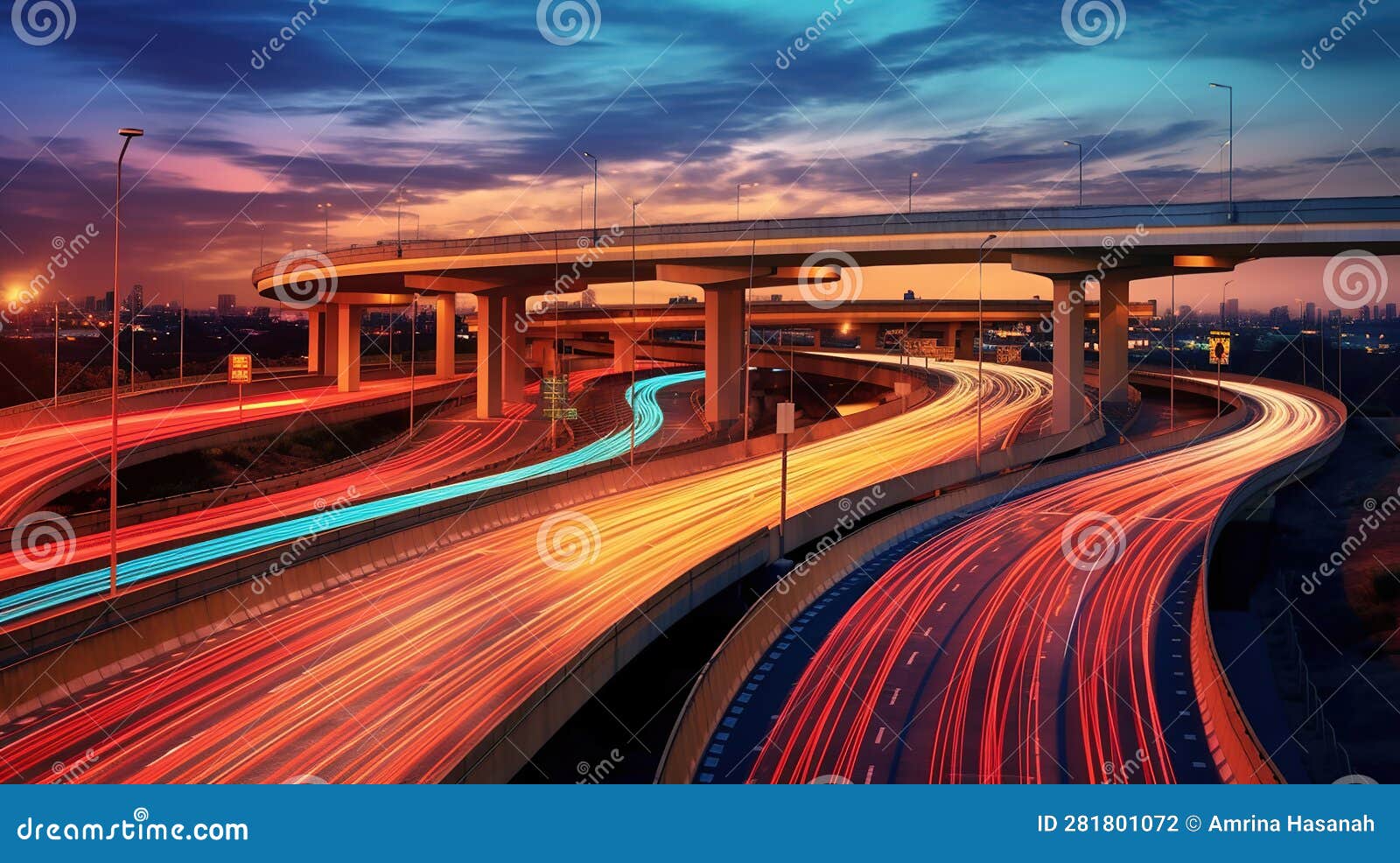 Overpass and Light Trails at Night on the Illuminated Highway ...