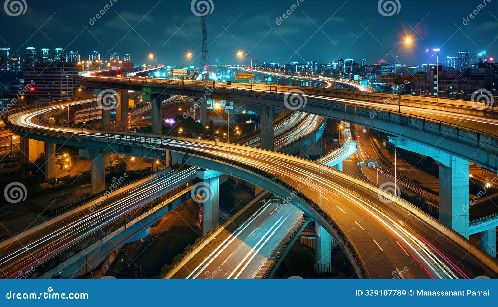 Overpass Road Interchange and Junction Highway in Modern City at Night ...
