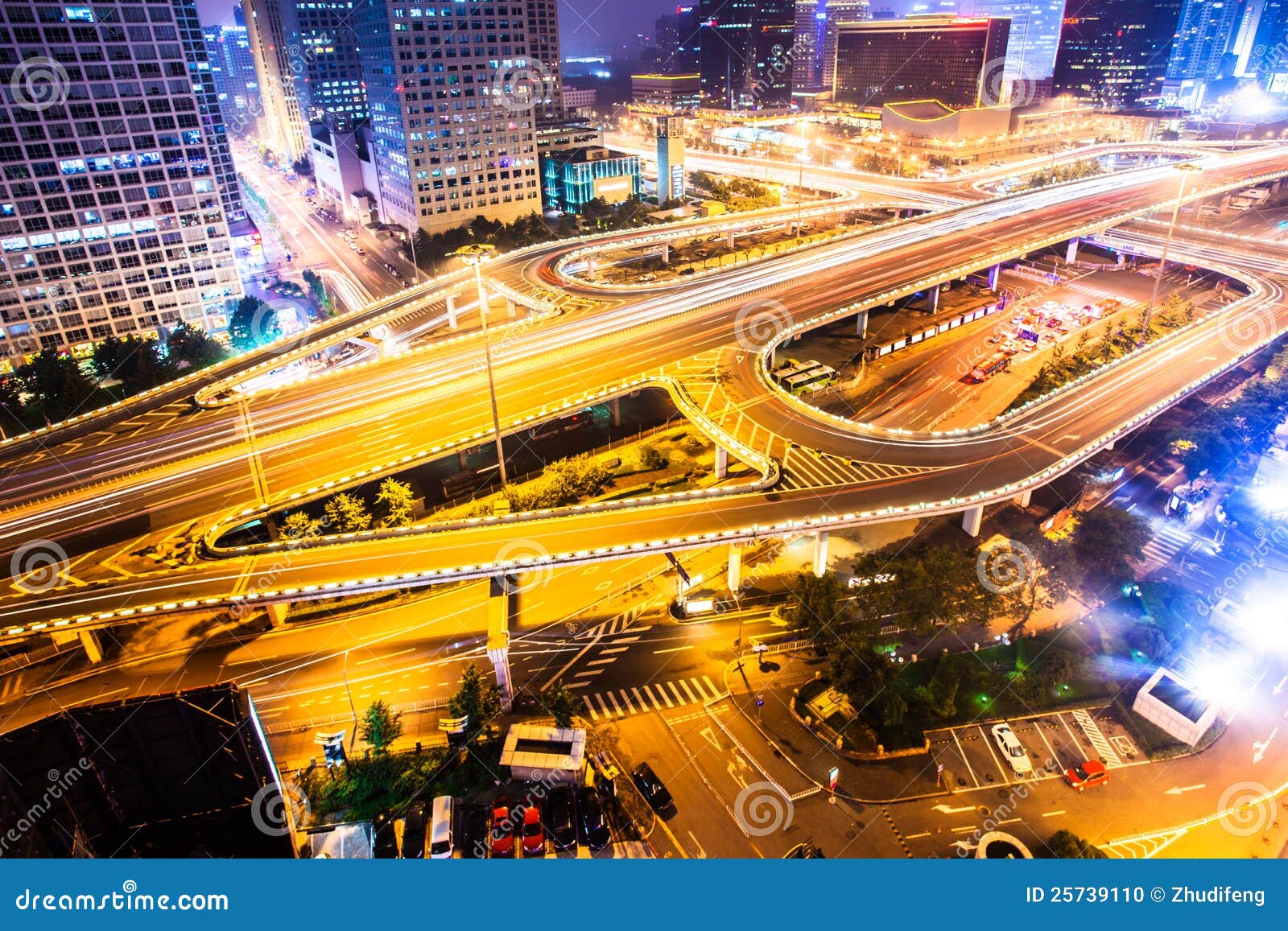 Overpass Whti Motion at Night Stock Photo - Image of freeway, building ...