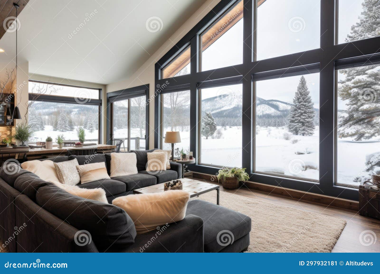 Oversized Windows of a Modern Ranch Under Snow Stock Image - Image of ...